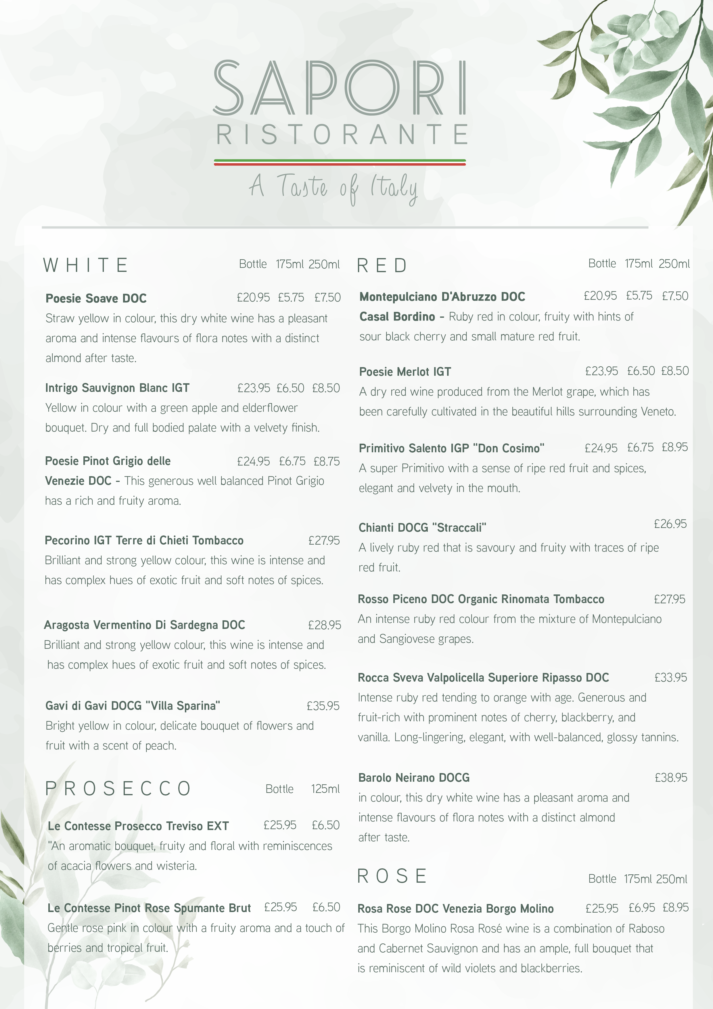 Menu – SAPORI LINDLEY – A TASTE OF ITALY – NOW OPEN