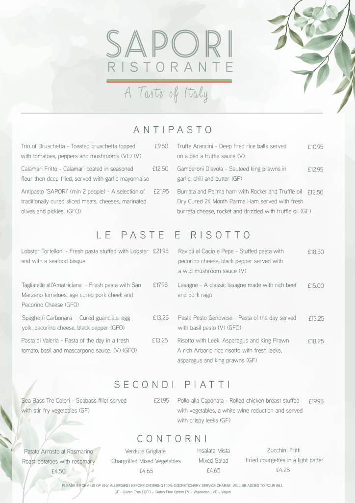 Menu – SAPORI LINDLEY – A TASTE OF ITALY – NOW OPEN