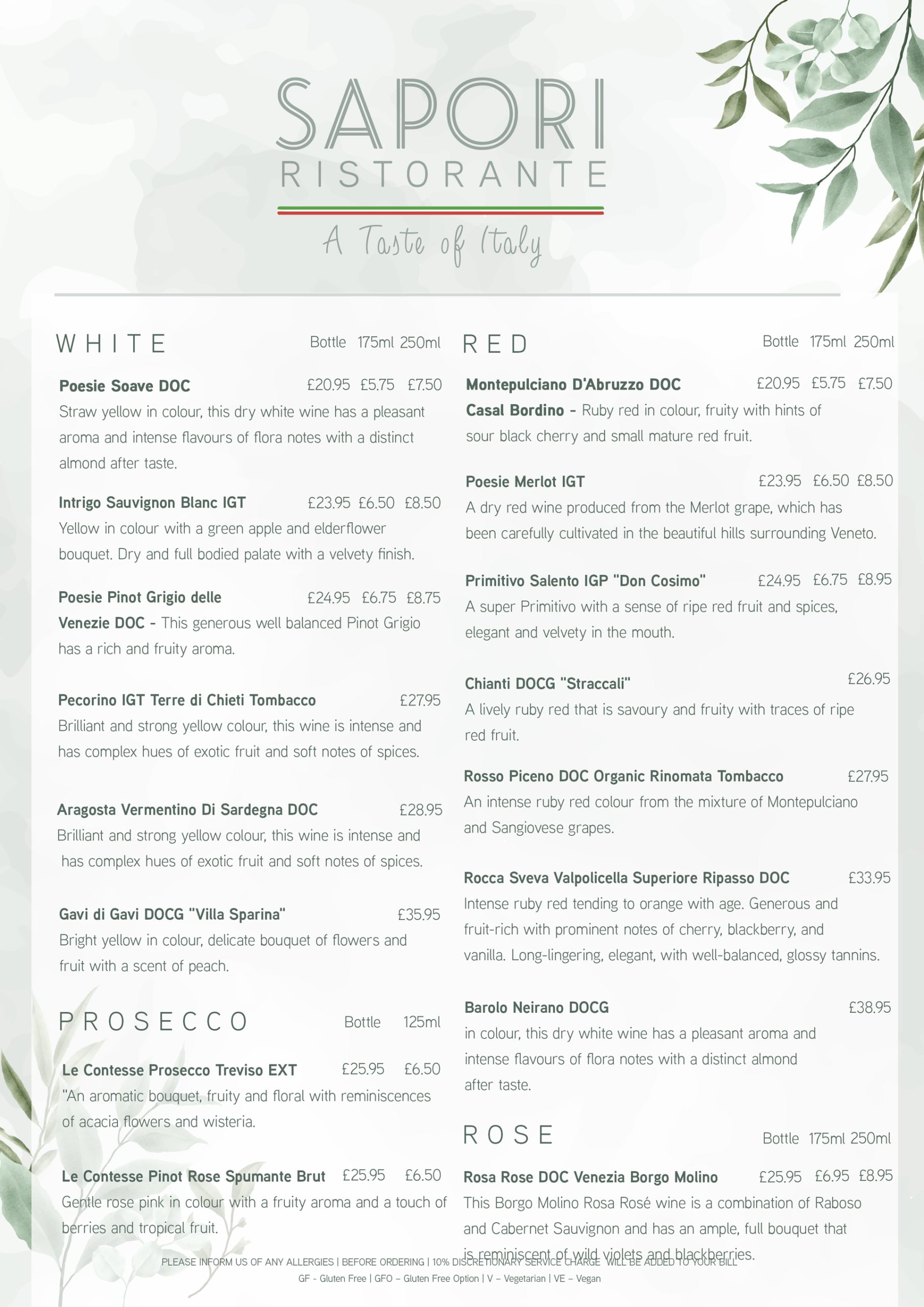 Wine Menu – SAPORI LINDLEY – A TASTE OF ITALY – NOW OPEN