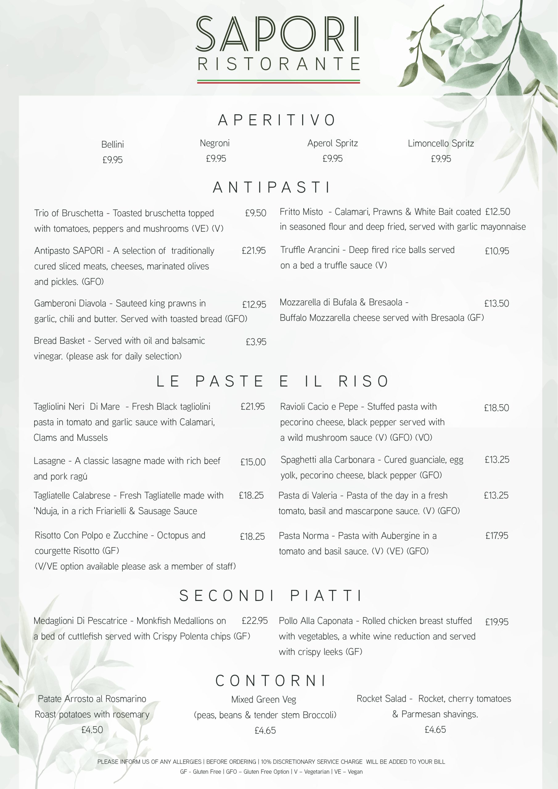 Evening Menu – SAPORI LINDLEY – A TASTE OF ITALY – NOW OPEN