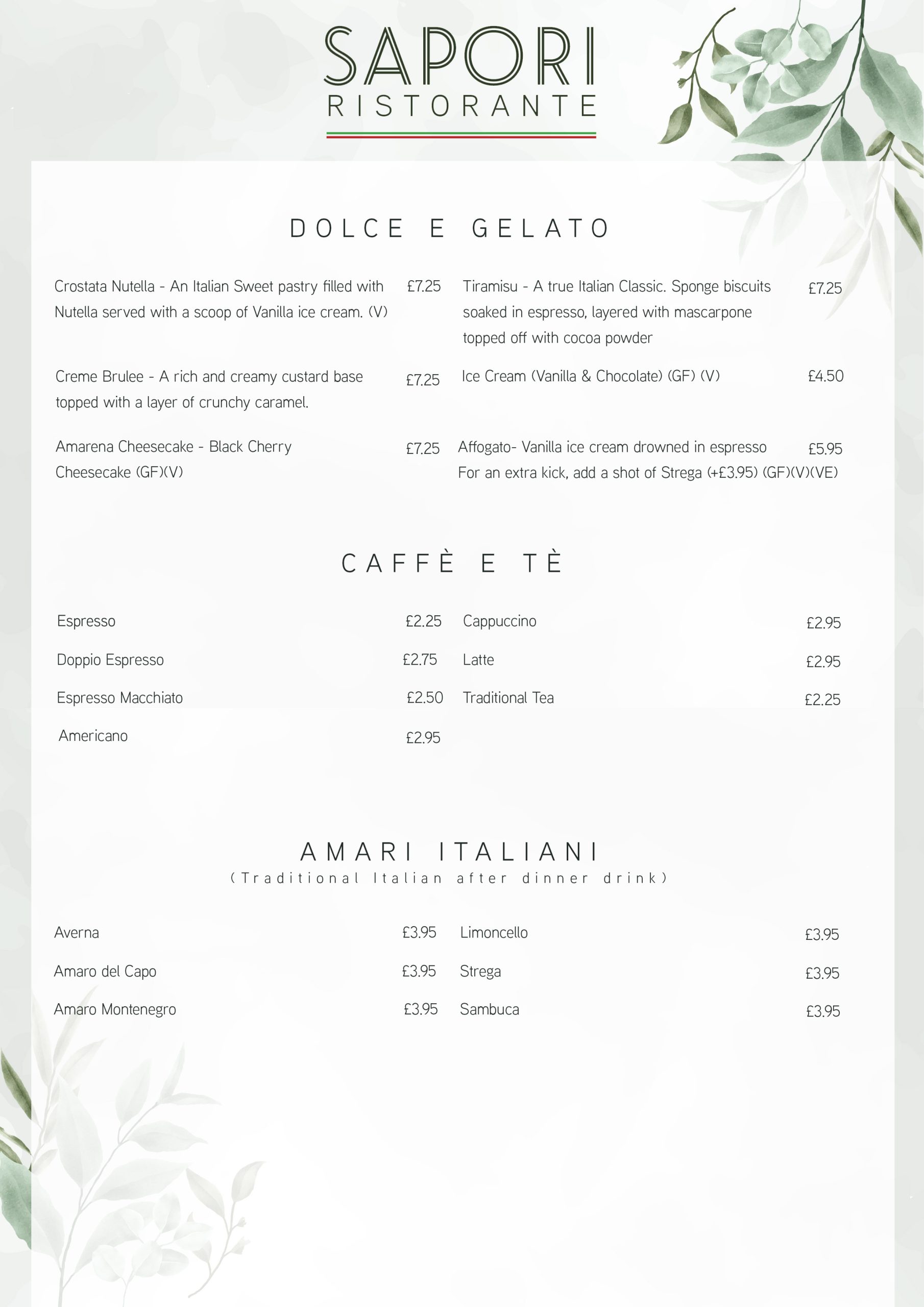 Desert Menu – SAPORI LINDLEY – A TASTE OF ITALY – NOW OPEN