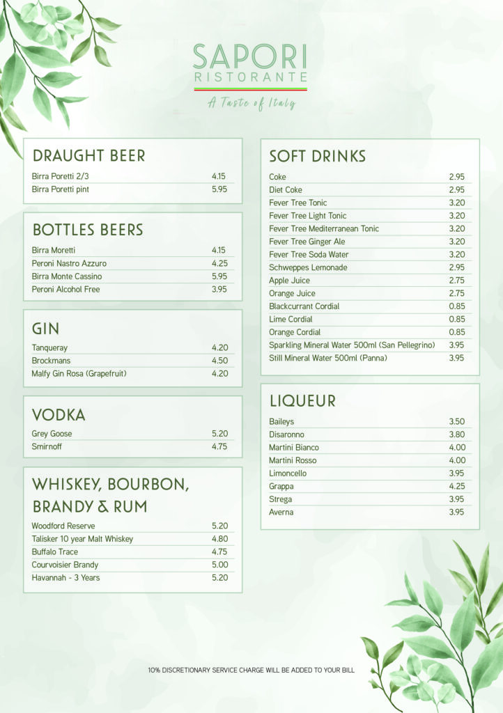 Drinks Menu – SAPORI LINDLEY – A TASTE OF ITALY – NOW OPEN