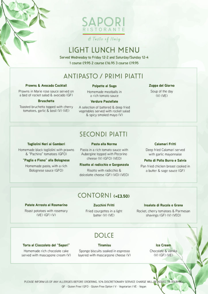 Lunch Time Menu – SAPORI LINDLEY – A TASTE OF ITALY – NOW OPEN