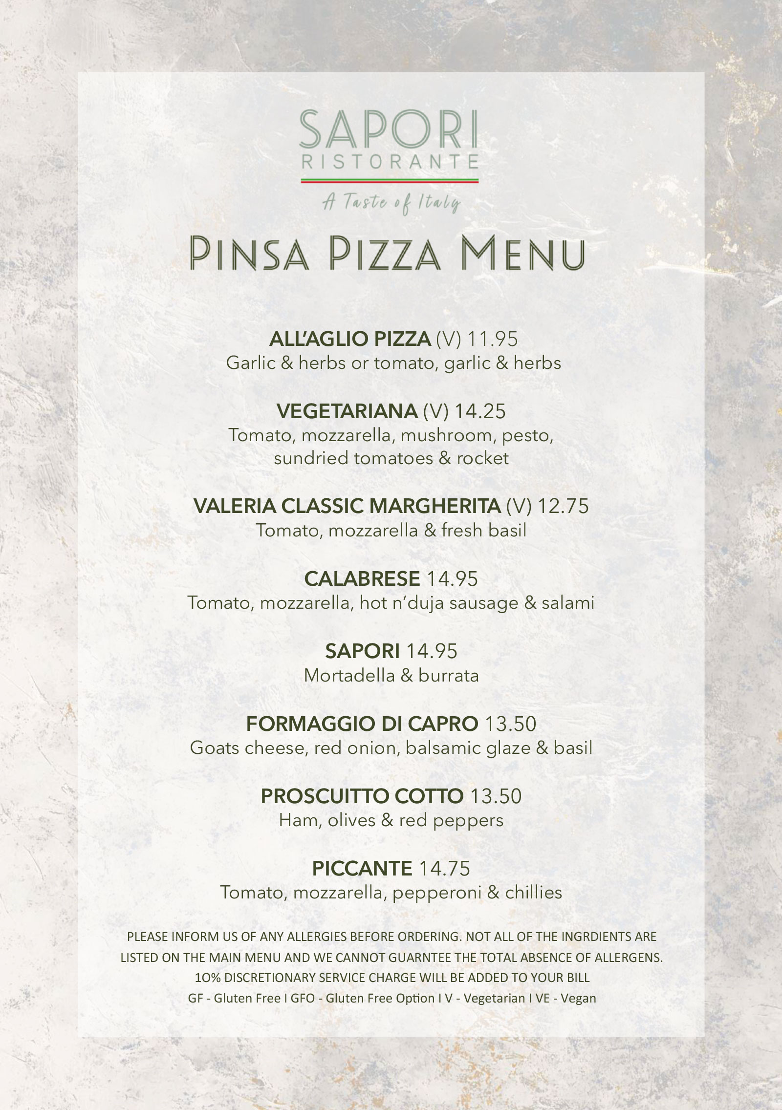 Pizza menu – SAPORI LINDLEY – A TASTE OF ITALY – NOW OPEN