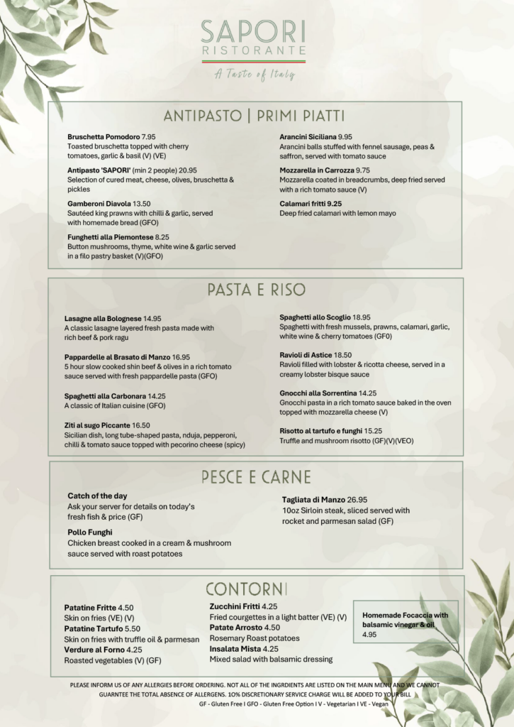 Evening Menu – SAPORI LINDLEY – A TASTE OF ITALY – NOW OPEN